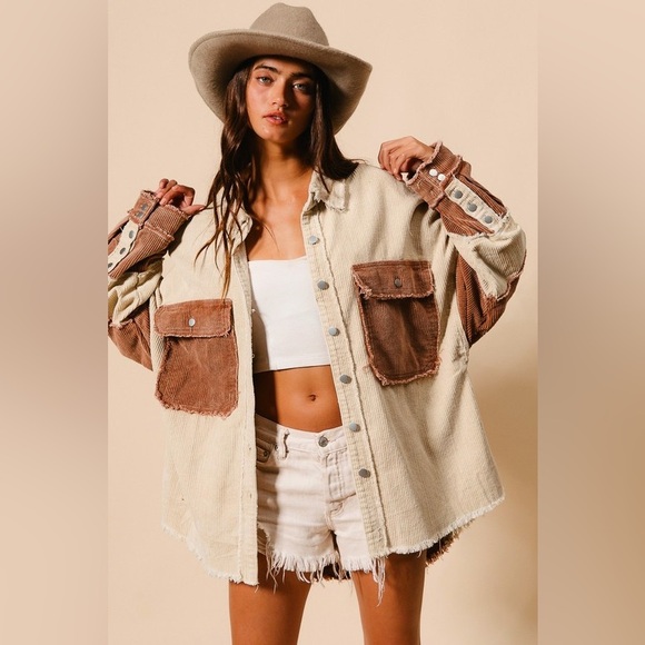 BiBi | Jackets & Coats | Medium Left Corduroy Color Block Shacket Mocha ...